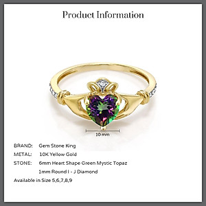 Gem Stone King 10K Yellow Gold Irish Celtic Claddagh Green Mystic Topaz and Diamond Accent Women Heart Shape Ring (1.01 Cttw, Gemstone Birthstone, Available In Size 5, 6, 7, 8, 9)