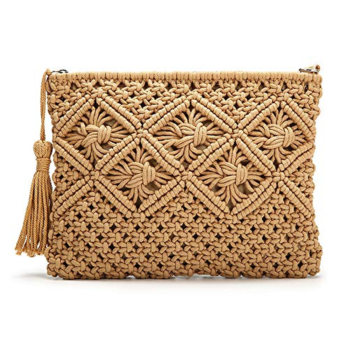 Clutch Purses for Women, JOSEKO Tassel Straw Handbag Vintage Handwoven Bag Summer Beach Bag Camel Brown