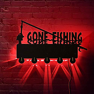 The Geeky Days Coat Wall Hooks with LED Backlight Handmade Wooden Gone Fishing Wall Hanger Fishing Art Decorative Towel Hooks Creative Nursery Wall Art Decor
