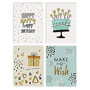 Happy Birthday Cards, 100-Pack, 4 x 6 inch, 4 Cover Designs, Blank Inside, by Better Office Products, with Envelopes, Elegant Gold Collection, 100 Pack