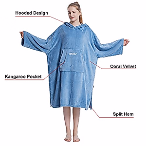 Hiturbo Plush Changing Robe, Fluffy Wearable Blanket, Soft Oversize Hooded Towel Surf Poncho with Pocket for Aquatics & Home (Blue)