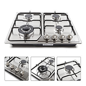 4 Burner Natural Gas Cooktop, Portable Gas Stove, Built-In Natural Gas Stove Cooker Stainless Steel Cooktop Cast Iron Grates Gas Stovetop, for Apartment, Indoor (Not Included Gas Pipe)