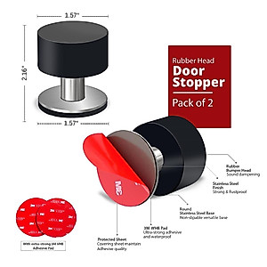 2 Pack Door Stoppers Stop with Extra Stickers, Self-Adhesive Door Stops with Black Rubber Bumper & Stainless Steel Body - Heavy Duty Door Knob Wall Protector Sound Dampening for Home & Office Use
