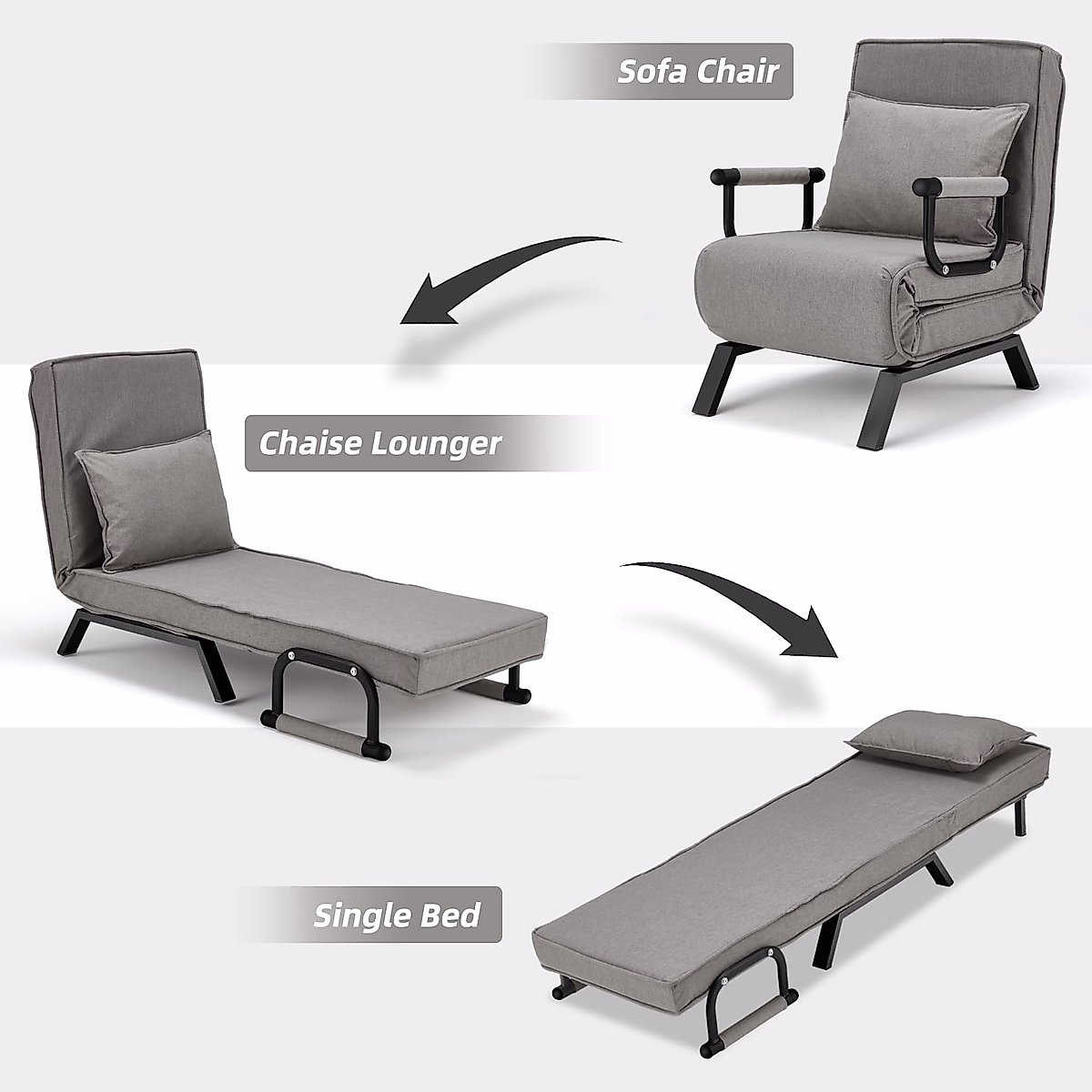 Hupmad Convertible Bed Sleeper Chair,Tri-fold Upholstered Armchair Sleeper with Pillow,Folding Leisure Chaise Lounge Couch with 6 Angle Adjustable Backrest,Single Lazy Bed for Office Apartment