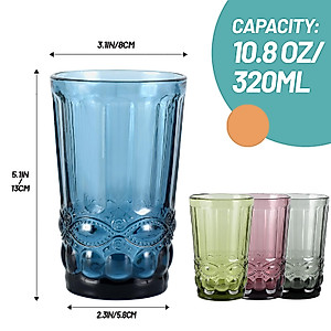 Wongblee Colored Drinking Glasses 10.8 Oz, Vintage Embossed Multicolored Glassware, Romantic Tumblers Glass for Water, Juice, Beverages, Pack of 4