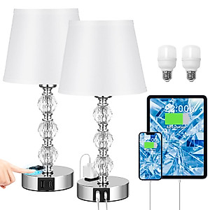 Bedside Lamps for Bedrooms Set of 2 - Crystal Nightstand Bedroom Lamp with Two USB Charging Port, 3 Way Dimmable Touch Small Bed Side Table Lamp, Silver Night Stand Light for Living/Guest/Dinning Room