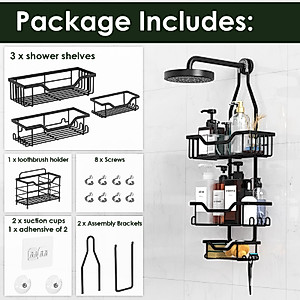 Anhow Shower Caddy Hanging Shower Organizer 3-Tier Over Shower Head with Adhesive Toothbrush Holder Anti-Swing Rustproof Shower Racks with 12 Hooks and Suction Cups for Bathroom, Matte Black