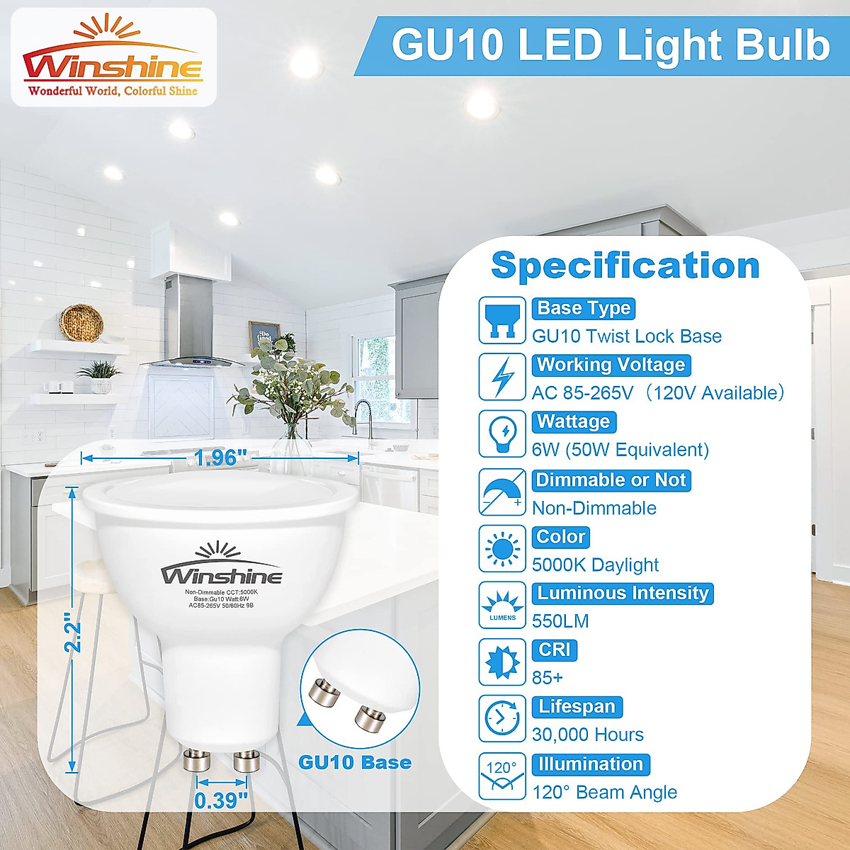 winshine GU10 LED Bulb, 50W Halogen Equivalent, 5000K Daylight, GU10 Light Bulbs Halogen Replacement for Track Lighting, MR16 Shape 2 Prong Base, 120°Beam Angle 550LM 120V CRI85+ Non-Dimmable 6 Pack