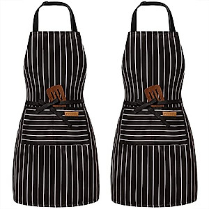 BeLuyi 2 Pack Adjustable Bib Apron with 2 Pockets Chef Cooking Kitchen Restaurant Aprons for Women Men (Black/Black Stripes)