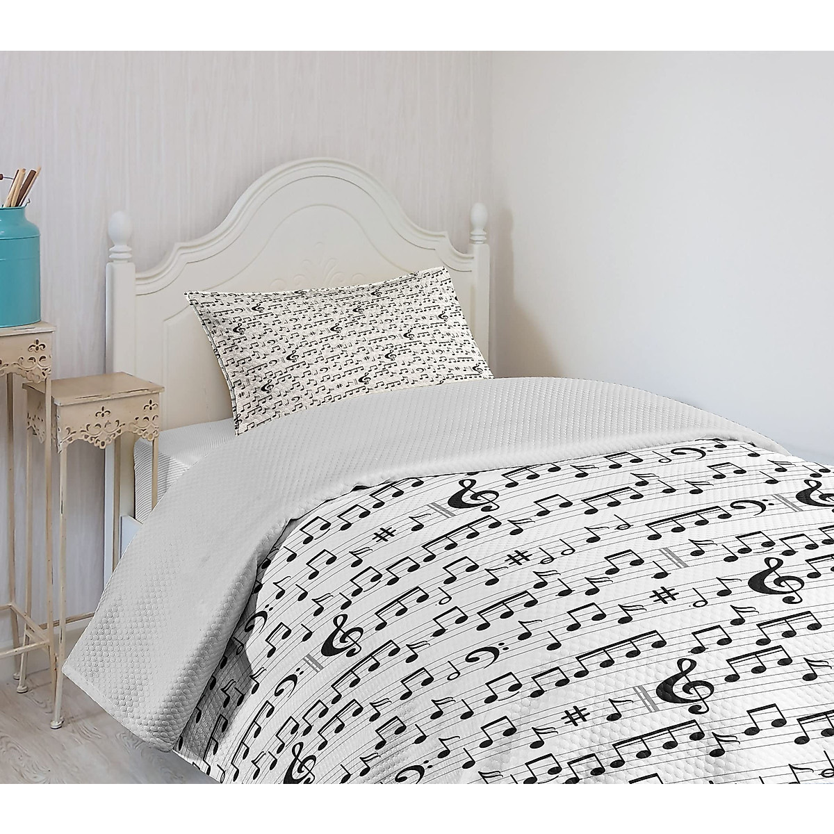 Ambesonne Music Bedspread, Abstract Style Professional Music Pattern with Notes and Clef Sheet Play Writing, Decorative Quilted 2 Piece Coverlet Set with Pillow Sham, Twin Size, White Dark Grey