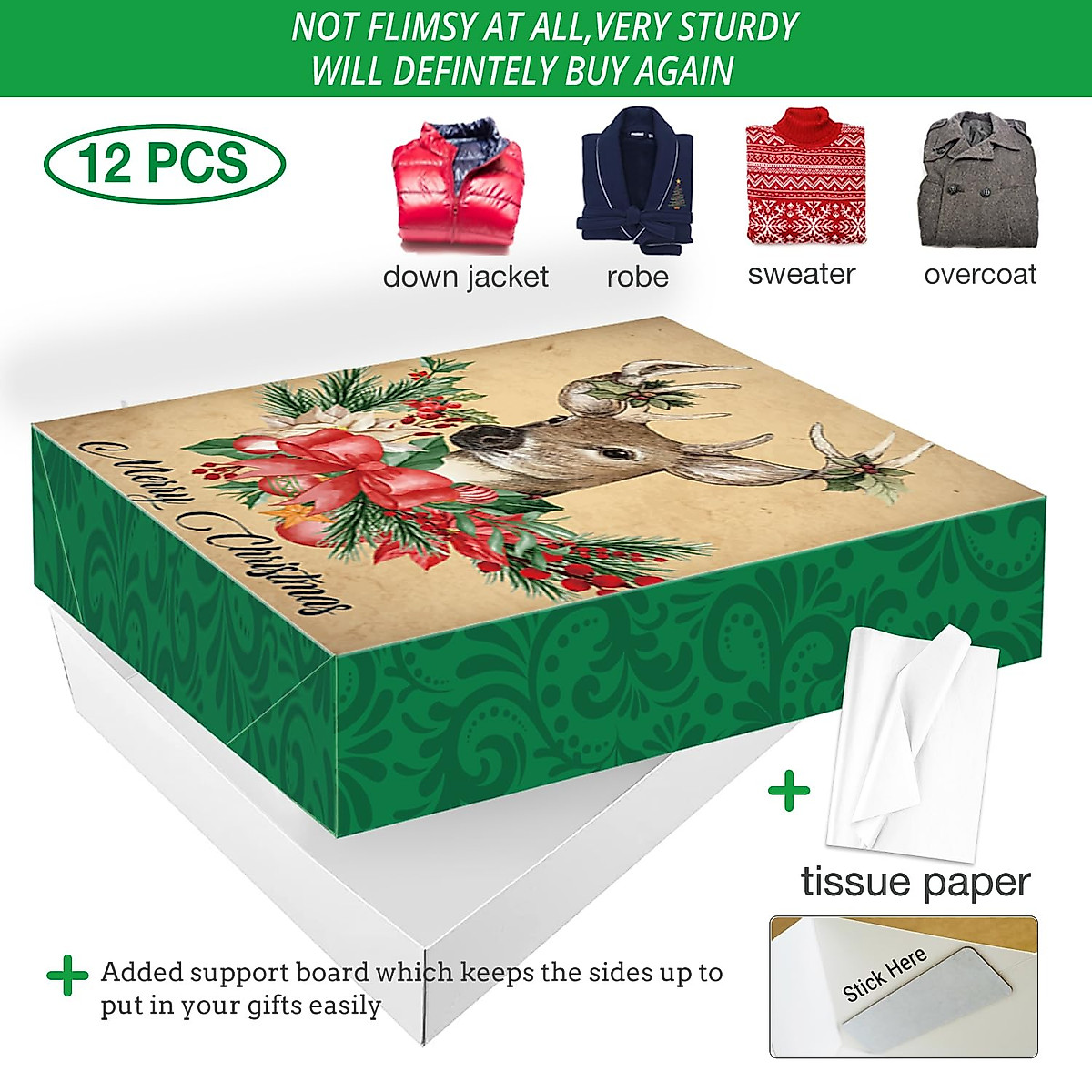 12 Extra Large Christmas Gift Wrap Boxes Bulk with Lids, 12 Tissue paper and 80 Foil Christmas gift Stickers for Wrapping Oversized Clothes (Robes, Sweater, Coat, Shirts) and Xmas Holiday Present