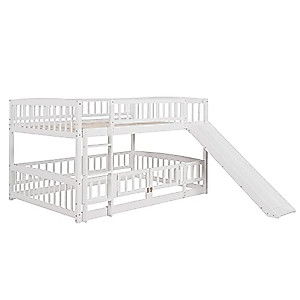 Harper & Bright Designs Full Over Full Low Bunk with Slide,Low Bunk Bed with Ladder,Wooden Bunk Bedframe with Fence for Toddler Kids Teens,No Box Spring Needed (White)