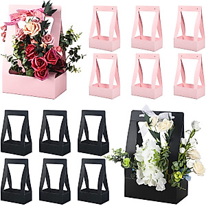 Chinco 12 Pieces Craft Paper Gift Bags Flower Box for Arrangements Flower Bouquet Packaging Bag with Handle Wedding Valentine's Day Gift Wrap Bags Florist Bags, Pink and Black