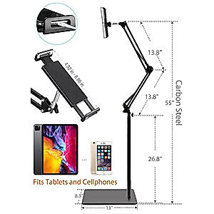 Tablet Floor Stand with Double Weight Base, Overhead Bed Phone Mount Height Adjustable Arm Stretchable Stand Holder, Compatible with iPad Mini Air Pro, Galaxy Tab, Kindle, Switch, Cell Phones-Black