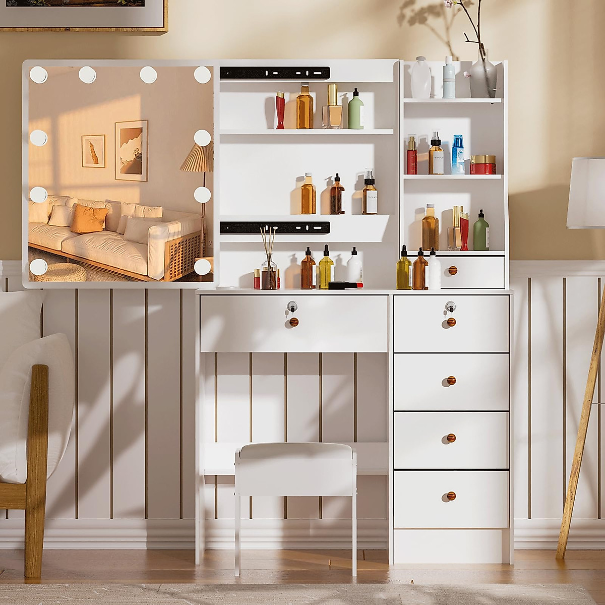 Buildonely Makeup Vanity Set with Mirror and Lights, Hollywood Vanity Desk with 4 Drawers and Display Shelves for Storing Items, Dressing Table with Soft Stool for Girls