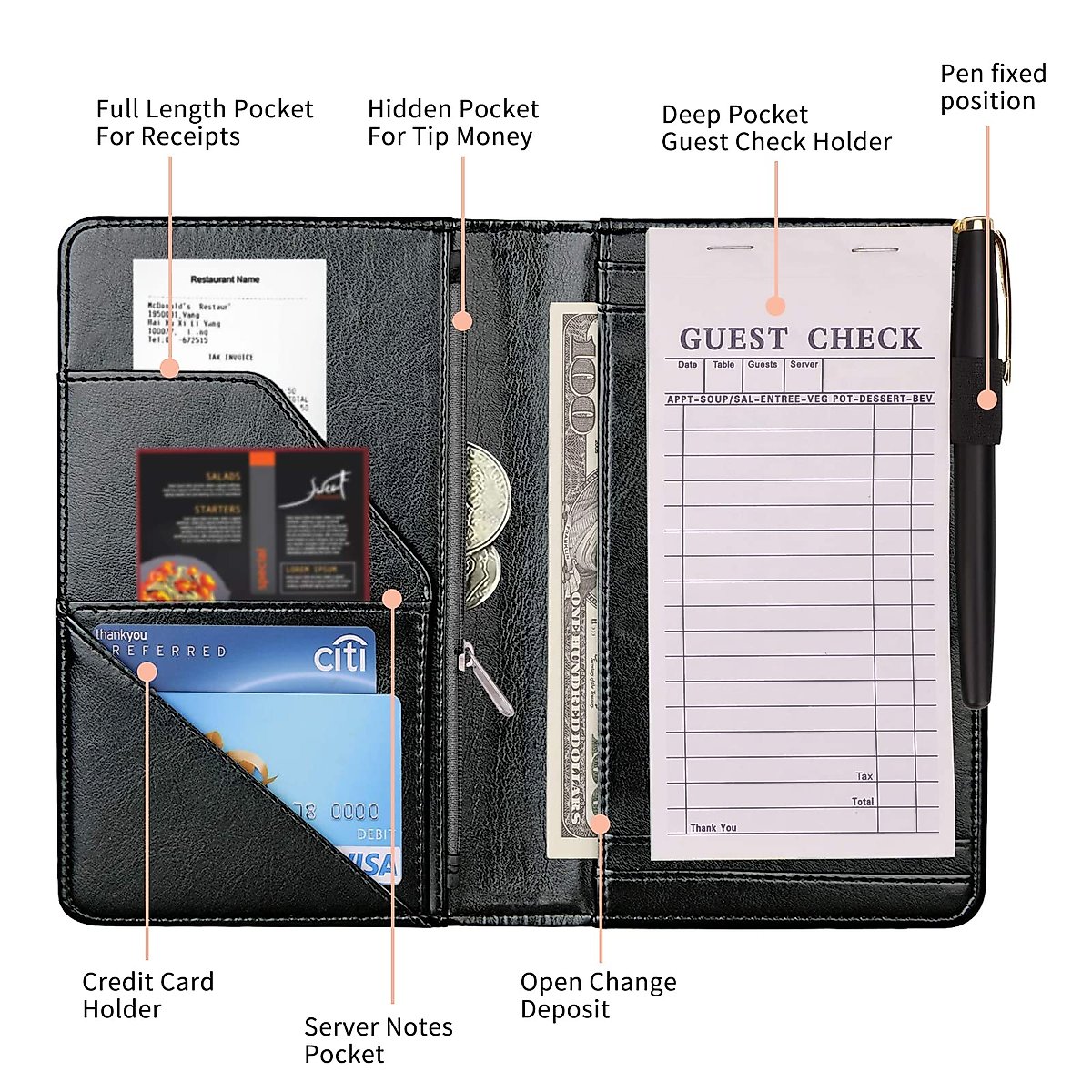 Custom Personalized Photo Picture & Text Server Books for Waiter, Cute Leather Server Pads with Zipper Pocket, Add Pictures Text Logo or Art Design and Make Your Own Customized Waitstaff Organizer