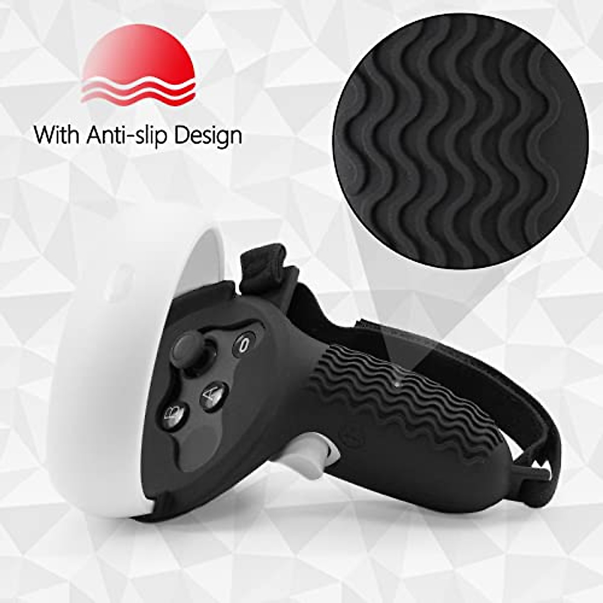 Geekria Touch Controller Grip Cover Compatible with Meta Quest 2, VR Anti-Throw Handle Grip Silicone Sleeve with Adjustable Hand Strap, Controller Caps (Black 1Pair)