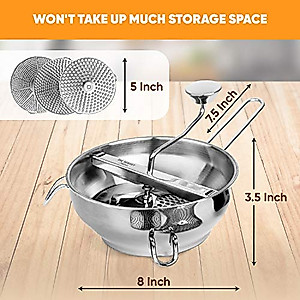 Ergonomic Food Mill Stainless Steel With 3 Grinding Milling Discs, Milling Handle & Stainless Steel Bowl - Rotary Food Mill for Tomato Sauce, Applesauce, Puree, Mashed Potatoes, Jams, Baby Food