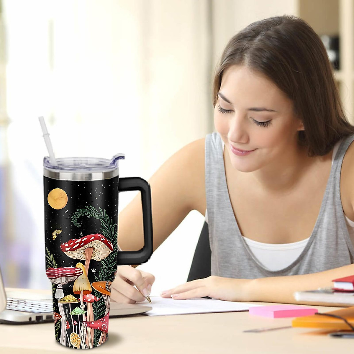 thmasamwr Mushroom Tumbler with Lid and Straw, Stainless Steel Mushroom 40oz Tumbler with Handle, Black Mushroom Travel Coffee Mug Mushroom Gifts Cups for Women and Men