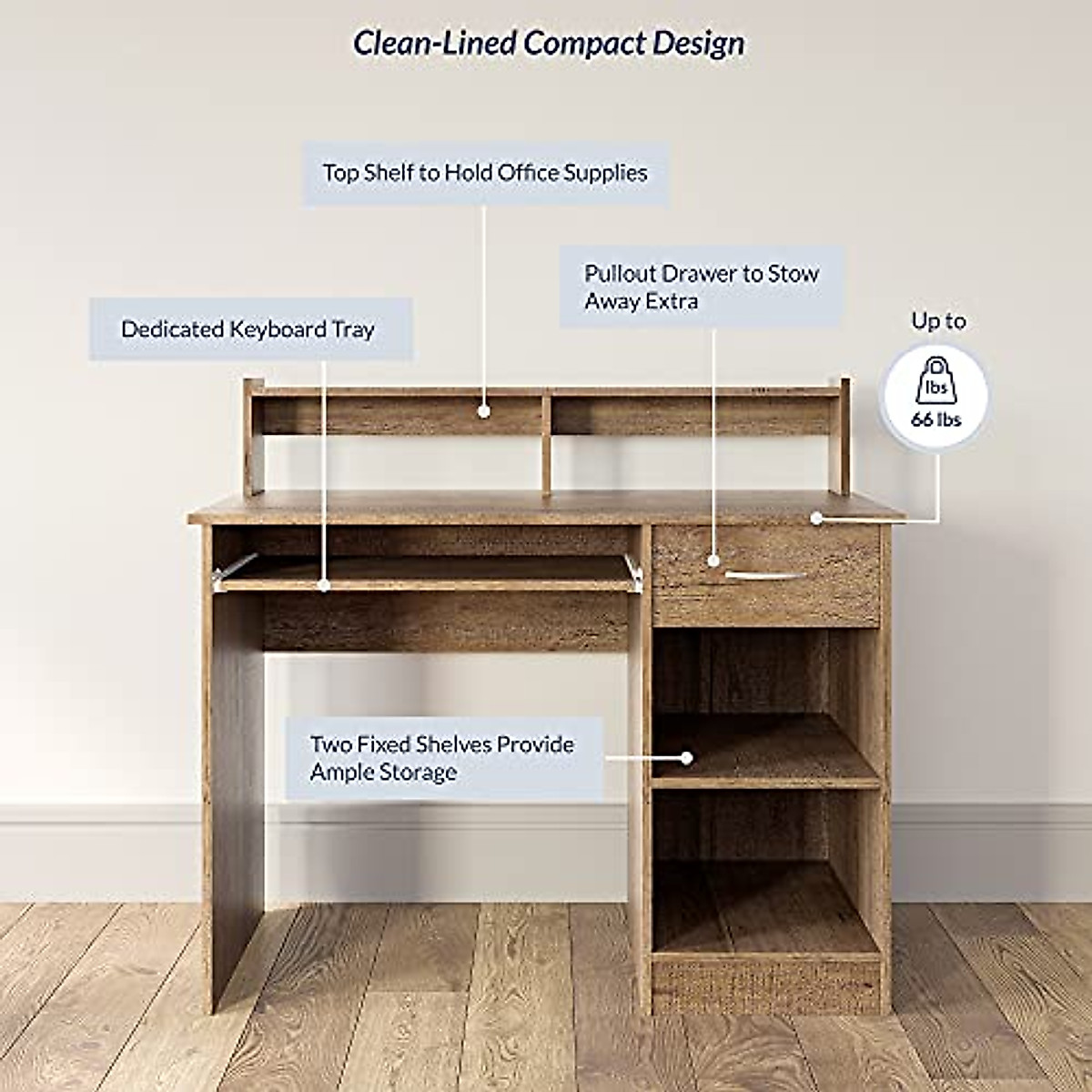 BELLEZE Modern 42 Inch Small Home Office Computer Laptop Desk or Writing Study Workstation in Wood with Single Drawer, Two Open Cubby Storages, and Hutch - Wren (Wood)