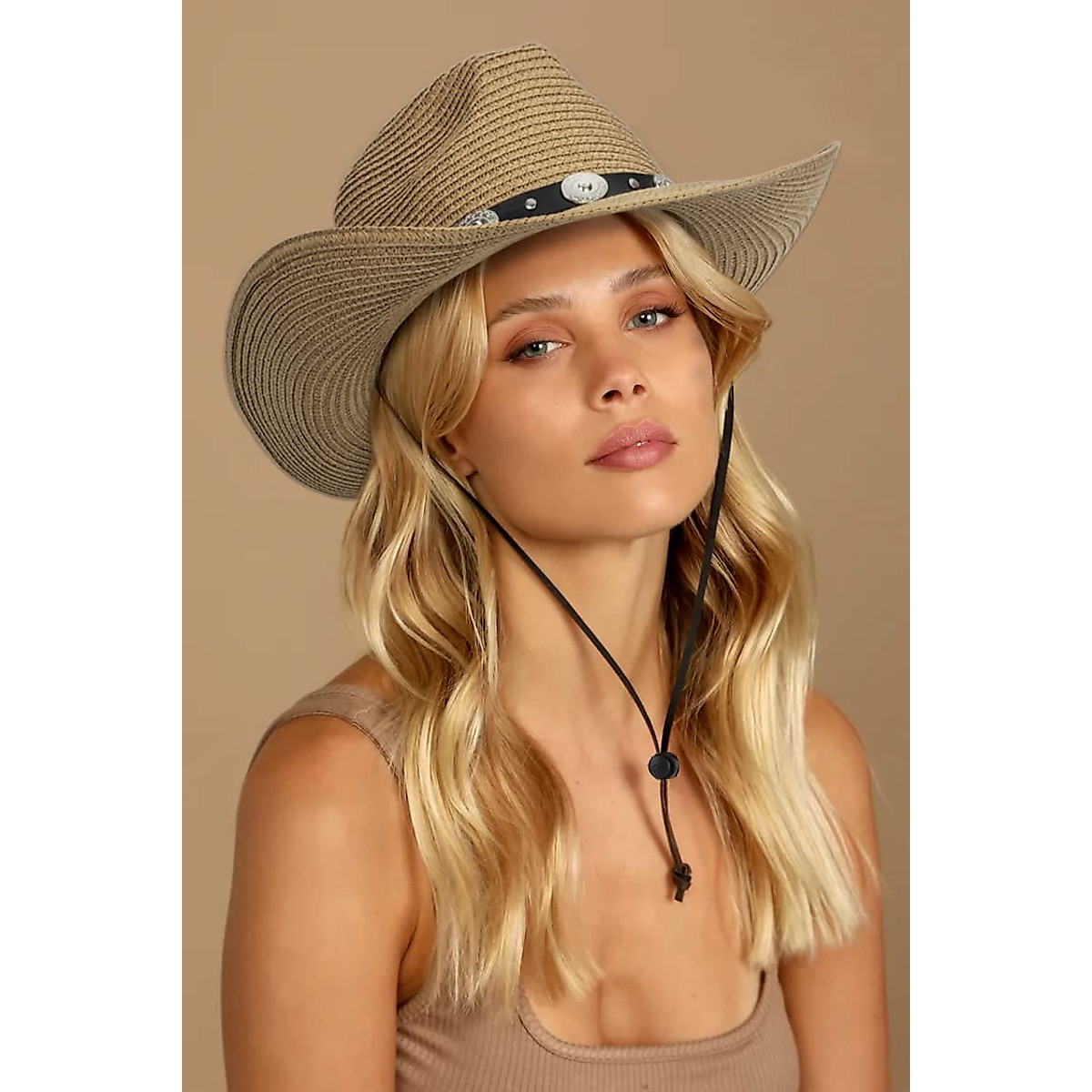 Eohak Shapeable Womens Straw Cowboy Hat Panama Wide Brim Cowgirl Western-Hat with Belt Summer Beach Hat