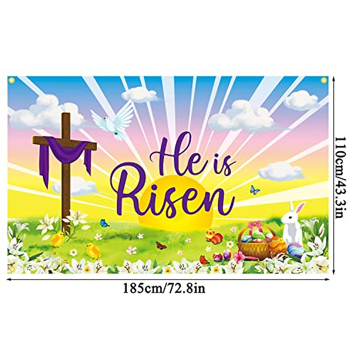 JKQ Easter He is Risen Backdrop Banner 73 x 43 Inch Large Size Jesus Resurrection Cross Sun Lily Background Banner Religious Holiday Party Decorations Easter Spring Indoor Outdoor Photo Booth Props