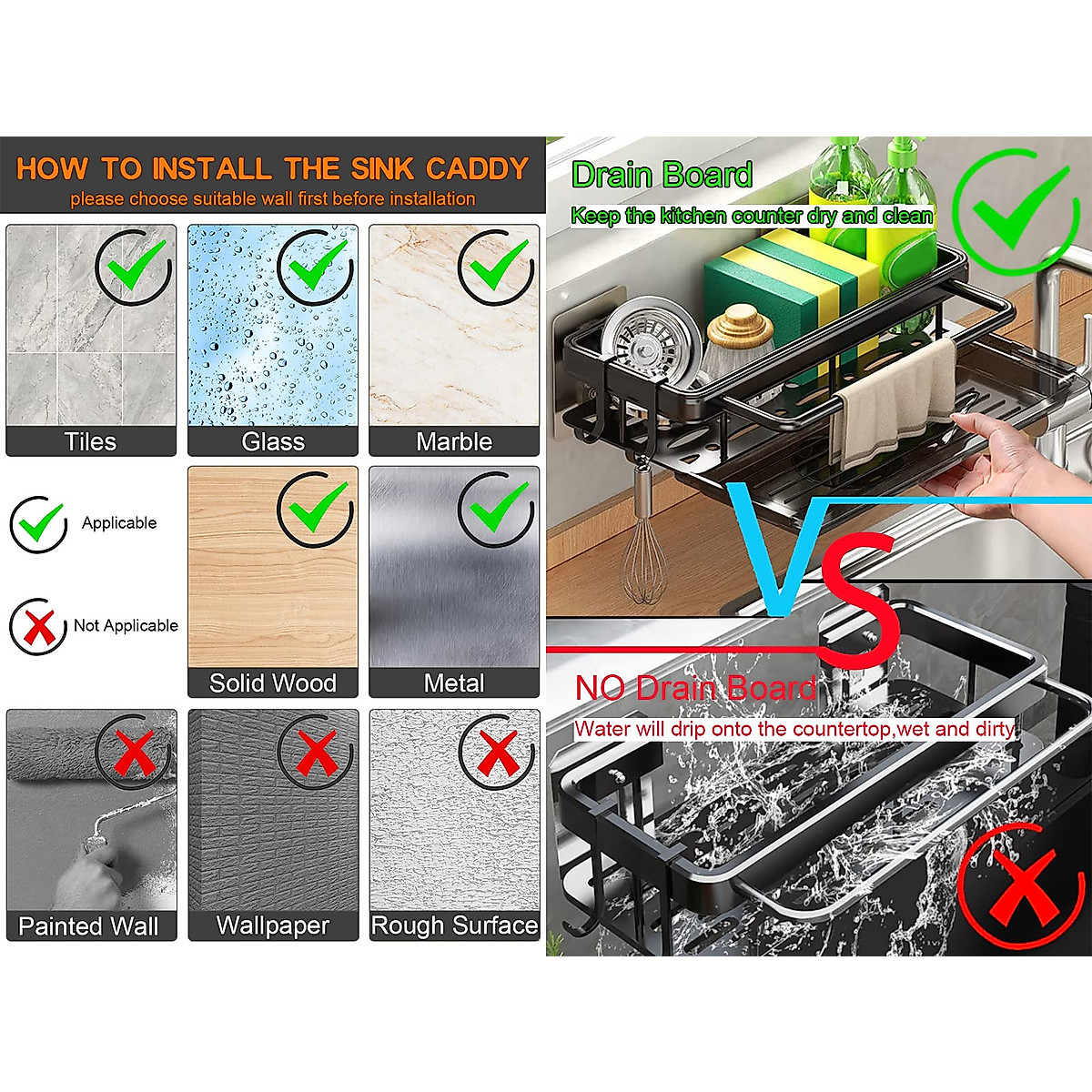 YOMEAN Self Adhesive Sponge Holder, Kitchen Wall Mount Sink Caddy Aluminum Drying Drain Rack Storage,Peeler, Brush, Soap, Cloth Rag,Towel Organizer with Removable Drip Tray for Countertop,No Drilling