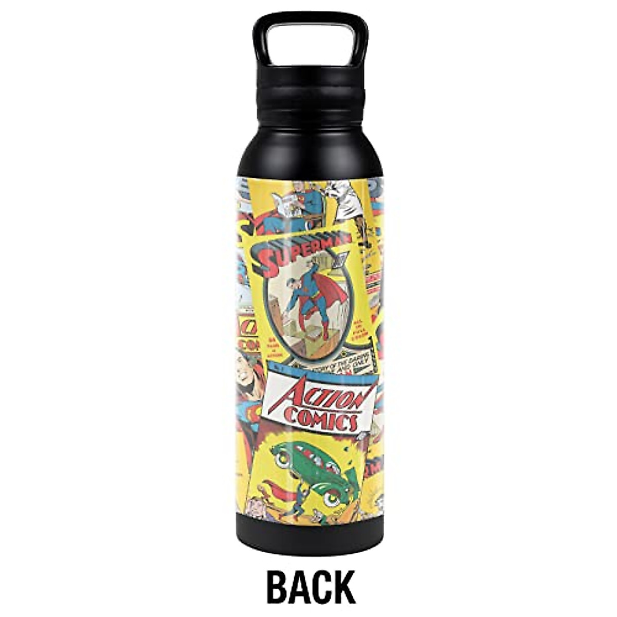 Superman OFFICIAL Comic Covers 24 oz Insulated Canteen Water Bottle, Leak Resistant, Vacuum Insulated Stainless Steel with Loop Cap, Black