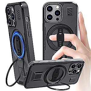 EWA MagOne Case Designed for iPhone 14 Pro Max Case Compatible with Magsafe with Ring Stand, Strap Grip, Dual Magnet Stick to Metal, Rugged Shockproof Protective (Black)
