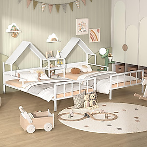 P PURLOVE Twin Size Double Bed for Kids,Metal Double Bed Frame,Two Twin Platform Beds with House-Shaped Headboard and a Built-in Nightstand for Boys Girls Teens,Wihite
