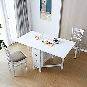 Livinia Wings Gate-Leg Wooden Dining Table, Solid Hardwood Expandable Drop Leaf Space Saving Kitchen Table with 6 Drawers Fully Assembled(White)