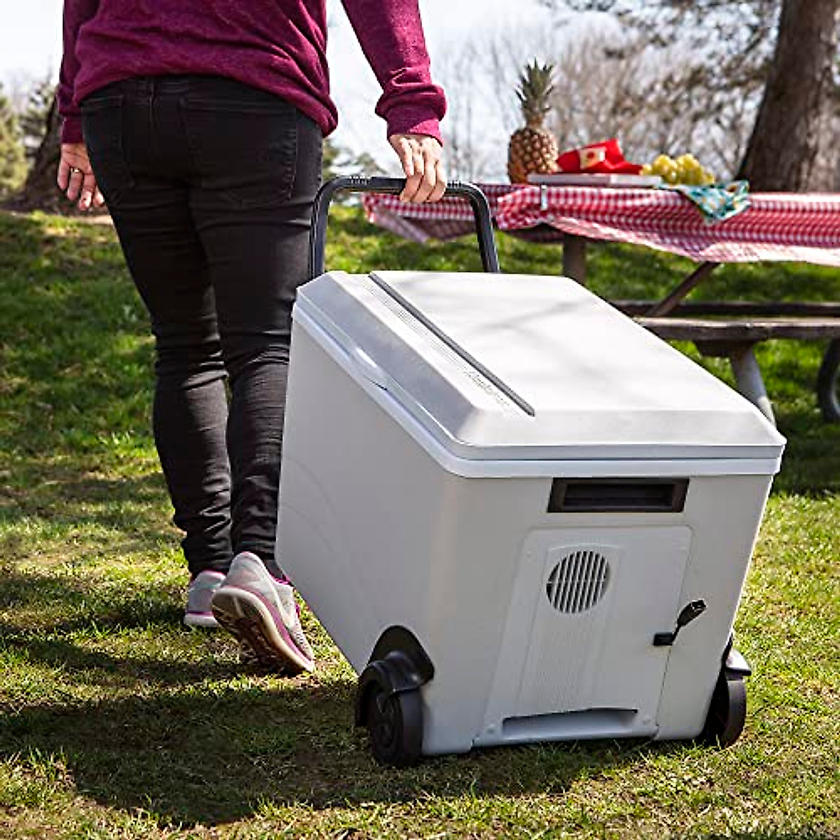 Koolatron Thermoelectric Iceless 12V Cooler/Warmer 36 qt (34 L) w/Wheels, Portable Electric Rolling Car Fridge w/ 12 Volt DC Power Cord, Gray/White, Travel Road Trips Camping, Made in North America