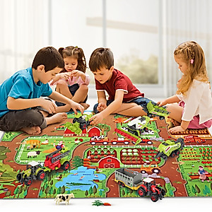 Oriate Farm Tractor Set 34 Piece Die Cast Vehicle Value Playset, Large Size 4.8" Tractors Toy Kids Birthday Gift, Farm Play Mat Tractors Animals Trailer Toys, Farm Equipment Accessories