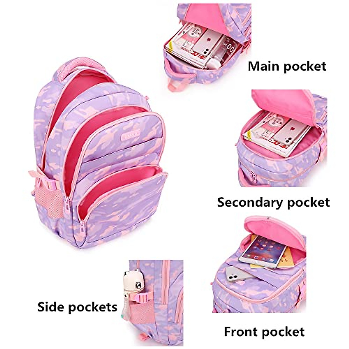 Stripe Rolling Trolley Bag Wheeled Backpack for Girls Primary Geometric Schoolbag Elementary Bookbag (Purple Pink)