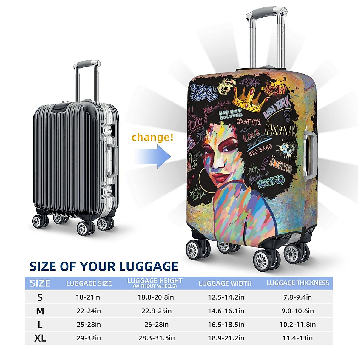 DOINBEE African American Woman Girl with Crown Travel Luggage Cover Black Women Colorful Graffiti Hair Art with Positive Words Suitcase Cover Protector Elastic Baggage Case Covers Fit 25-28" Luggage