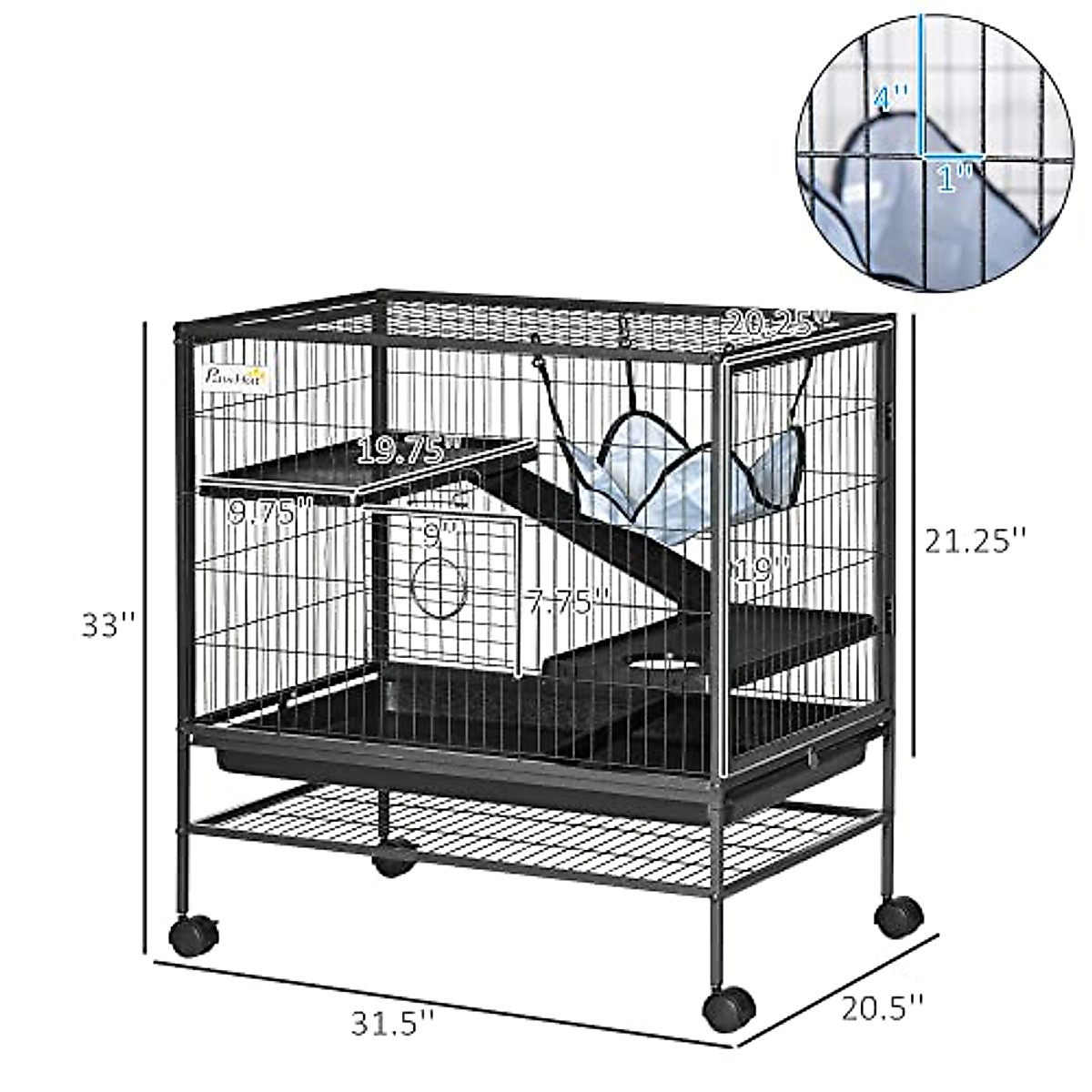 PawHut Small Animal Cage with Hammock, 3 Tiers Ferret Cage with Storage Shelf, Chinchilla Cage Sugar Glider Cage, Strong Metal Wire, Removable Tray
