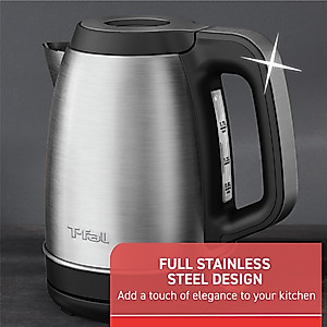 T-fal Element Stainless Steel Electric Kettle 1.7 Liter, Fast boiling 78 sec, Easy to use, Easy lid opening, 1500 Watts, Removable Anti-Scale Filter, Precision Pouring, Silver and Black