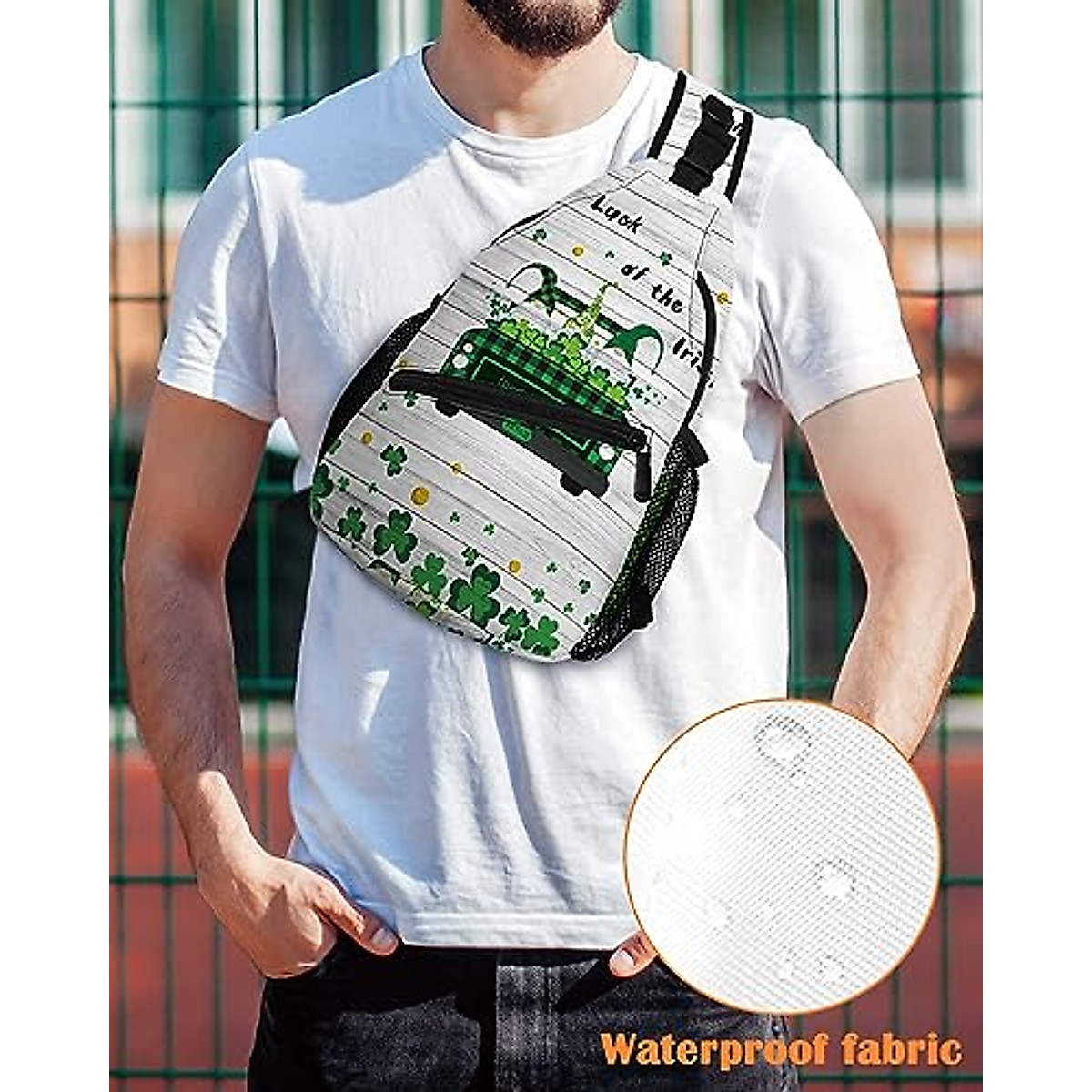 Gsypo Sling Backpack, St. Patrick's Day Luck of The Irish Truck Shamrock and Dwarf Wood Waterproof Lightweight Small Sling Bag, Travel Chest Bag Crossbody Shoulder Bag Hiking Daypack for Women Men