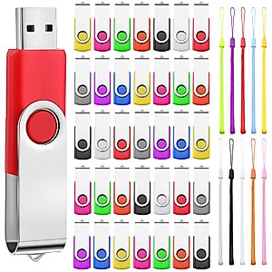 50 Pack USB Flash Drives Bulk with Lanyards USB 2.0 Thumb Drive Swivel Storage Flash Drive Pack Bulk with LED Light for Data Storage Backup, 10 Colors (128 MB)