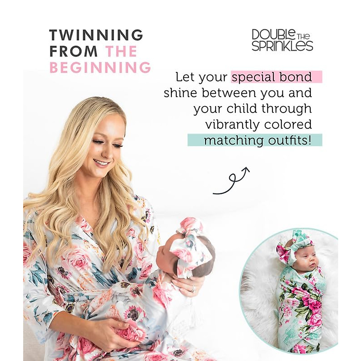 DOUBLE THE SPRINKLES Maternity Robe & Swaddle Set - Aspen & Green, Matching Mom & Baby Outfits, Hospital Gown, Blanket & Hat, Green Swaddle Blanket Large