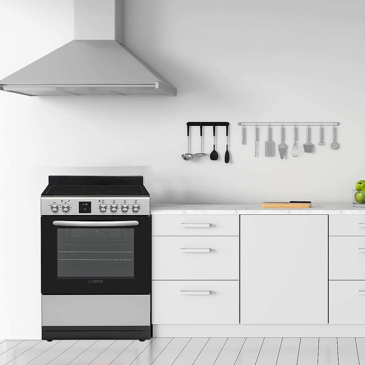 Equator Stainless Steel Electric Stove with Convection Oven, Air Fryer & Ceramic Cooktop 24-Inch, 4 Burners - Kitchen Cooking Range (SS)