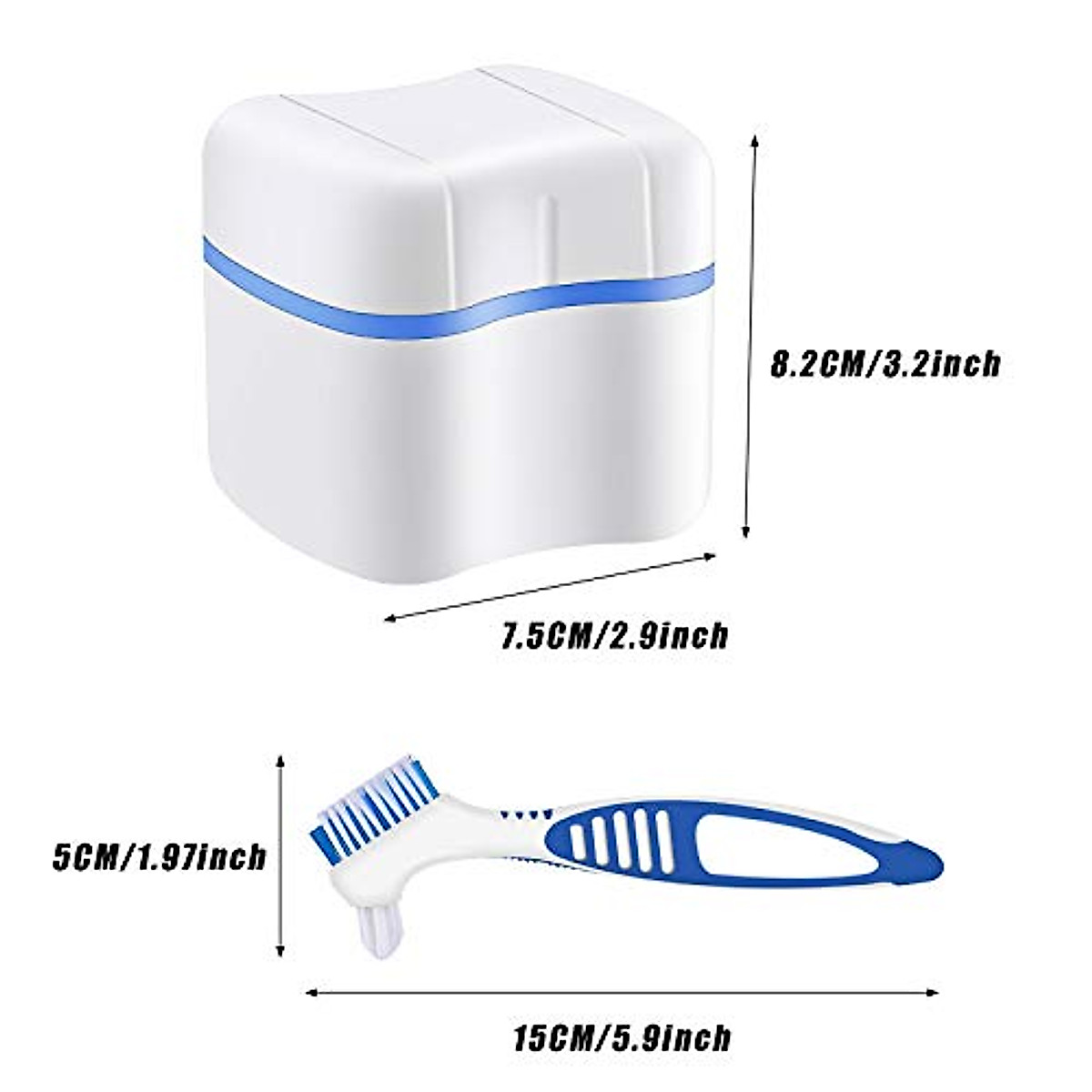 2 Denture Bath Cases Denture Cups with 2 Denture Cleaner Brushes Denture Boxes Dentures Container with Basket Denture Holder Brush Retainer Case for Travel Retainer Cleaning (Blue, Red, Purple)