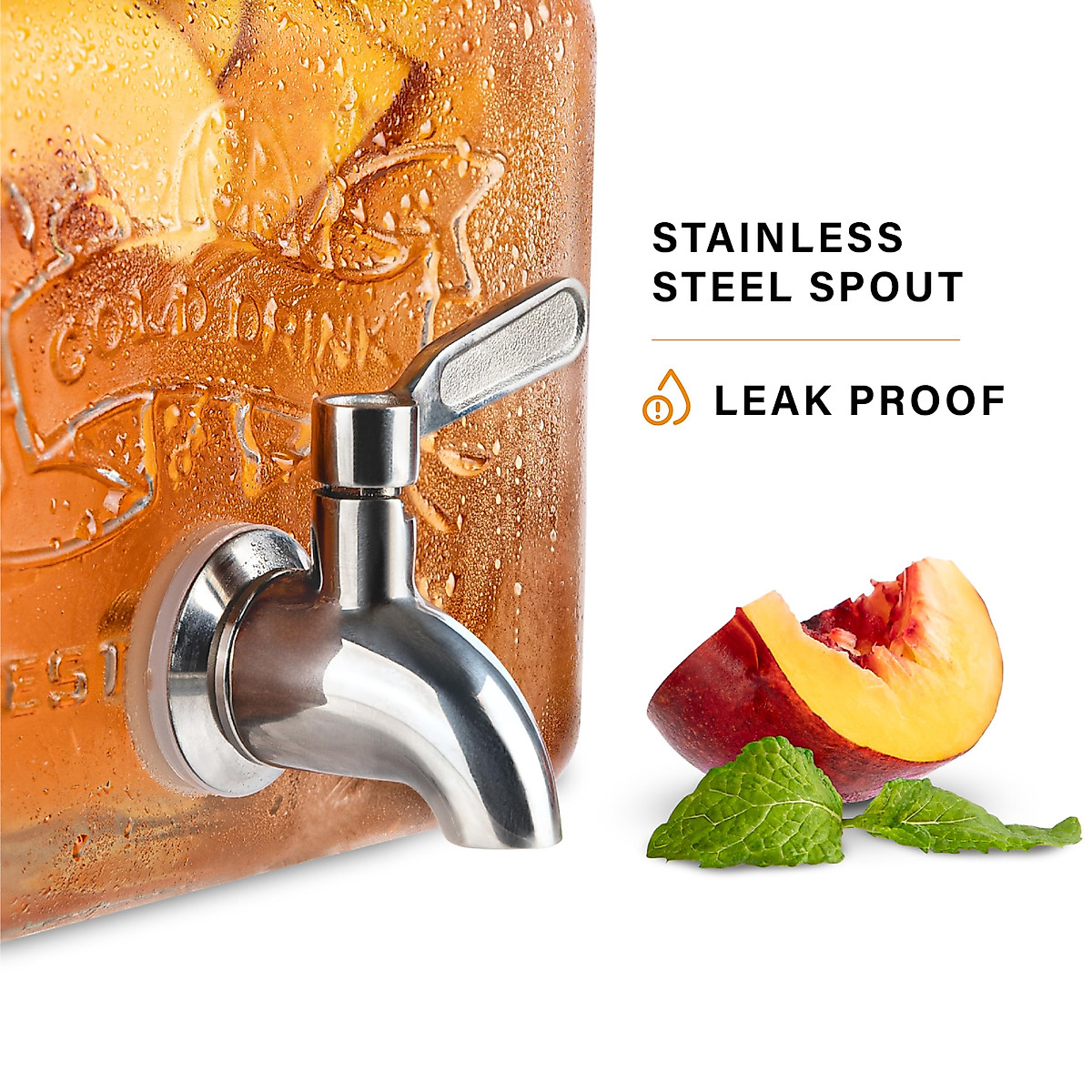 MosJos Glass Drink Dispenser for Fridge - Stainless Steel Spigot Mason Jar Dispenser with Wide Opening & Easy-Fill - Beverage Storage for Outdoor, Water, Iced Tea, Juice, Sangria & Detergent, 1 GALLON