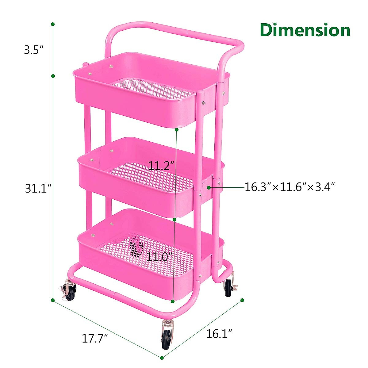 3-Tier Metal Mesh Rolling Cart Storage Organizer with Utility Handle and Wheels, Pink