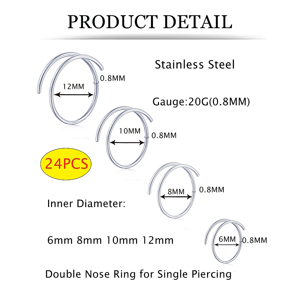 Akeoqi 24Pcs Double Nose Hoop Ring for Single Piercing Stainless Steel Nose Rings Twist Spiral Nose Ring Nostril Piercings Jewelry 6-12MM Bendable for Women 20G