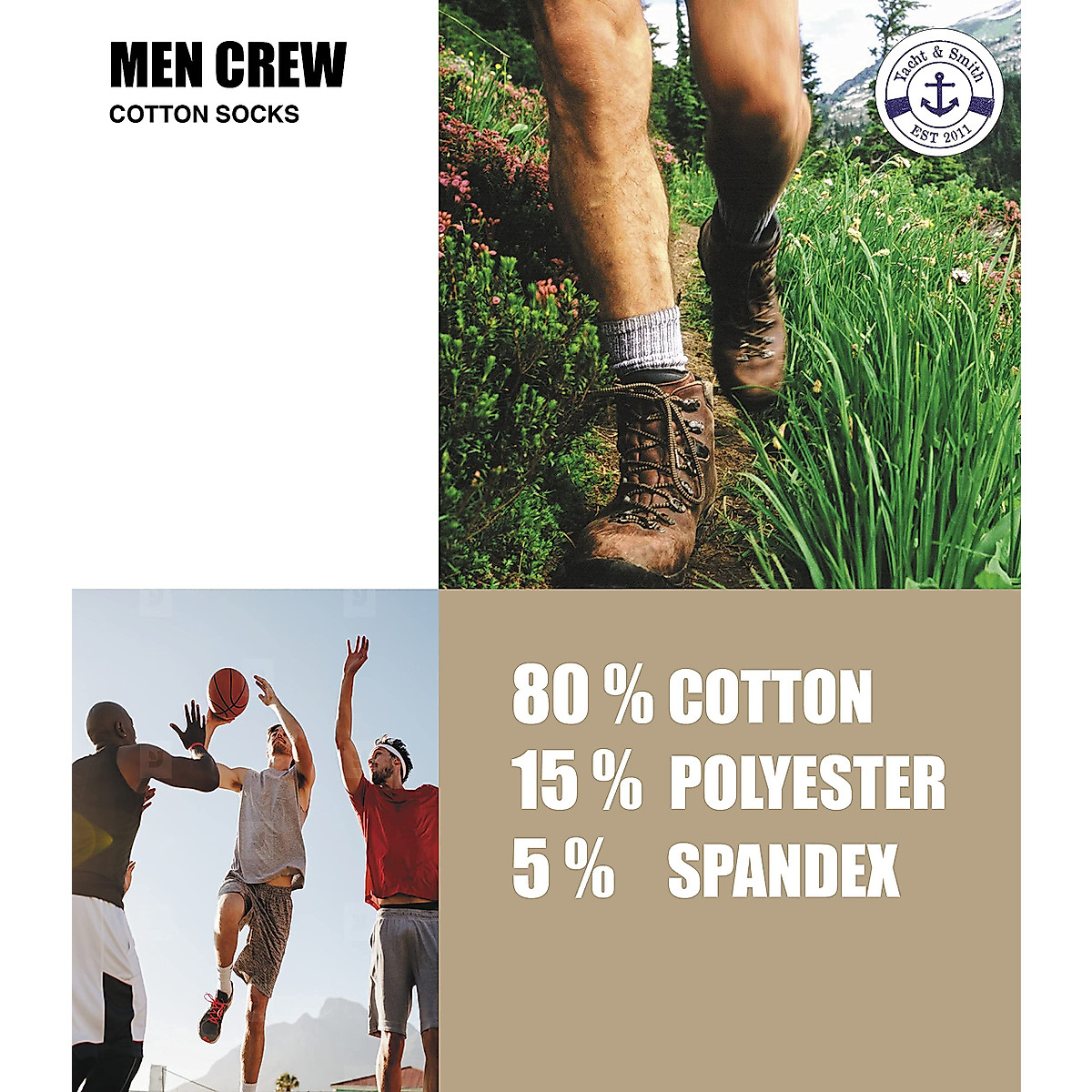 SOCKS'NBULK 60 Pairs Wholesale Bulk Sport Cotton Mens Crew, Ankle, Tube Socks, Size 10-13 (Mens White Crew Gray Heel Toe)