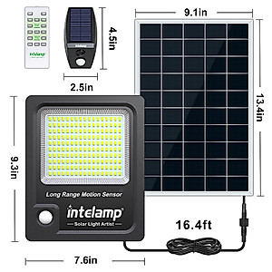 intelamp Solar Flood Lights Outdoor Motion Sensor,12000mAh 2000LM Solar Powered Motion Sensor Flood Light with Remote， Dusk to Dawn Solar Lights for Outside with 16.4Ft Cable IP65 Waterproof