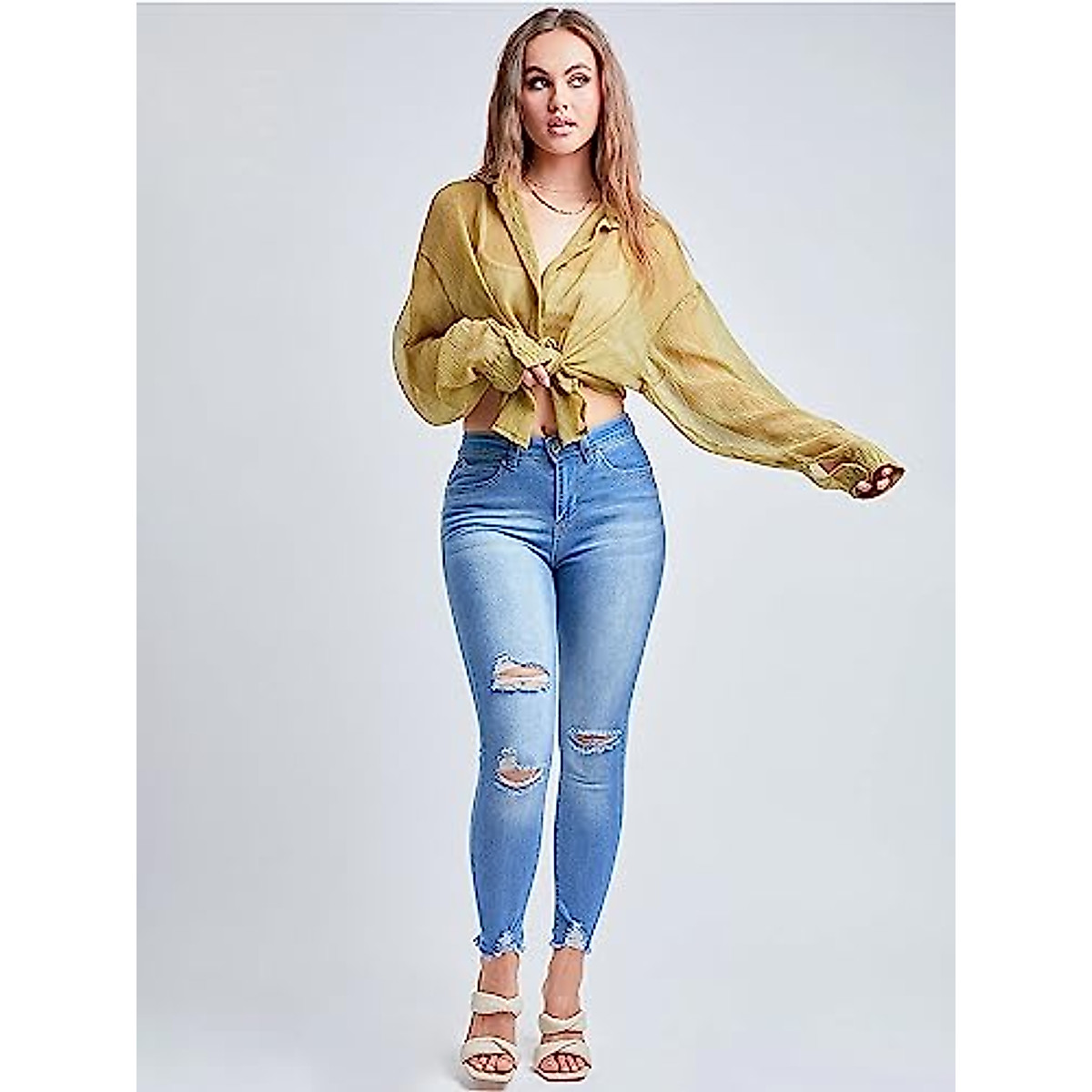 YMI Junior Womens Wannabettabutt Mid-Rise Recycled Fibers Distressed Ankle Denim Jeans (RIPS+Whiskers M1914, 11)