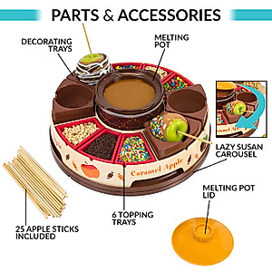 Nostalgia CCA5 Lazy Susan Chocolate & Caramel Apple Party with Heated Fondue Pot, 25 Sticks, Decorating and Toppings Trays