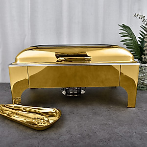 HONHPD Alcohol Chafing Dish, 9QT Rectangular Full Size Chafing Dish Buffet Set with Transparent Glass Lid Top, Soft-Close Lid, Chafer for Catering Buffet Servers and Warmers (Golden)